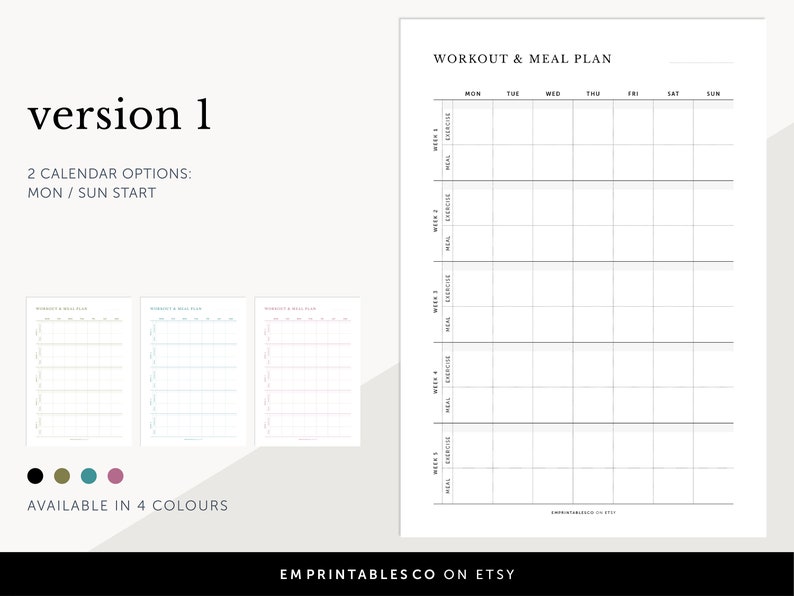 Monthly Workout and Meal Planner, Wellness Planner, Monthly Fitness and ...