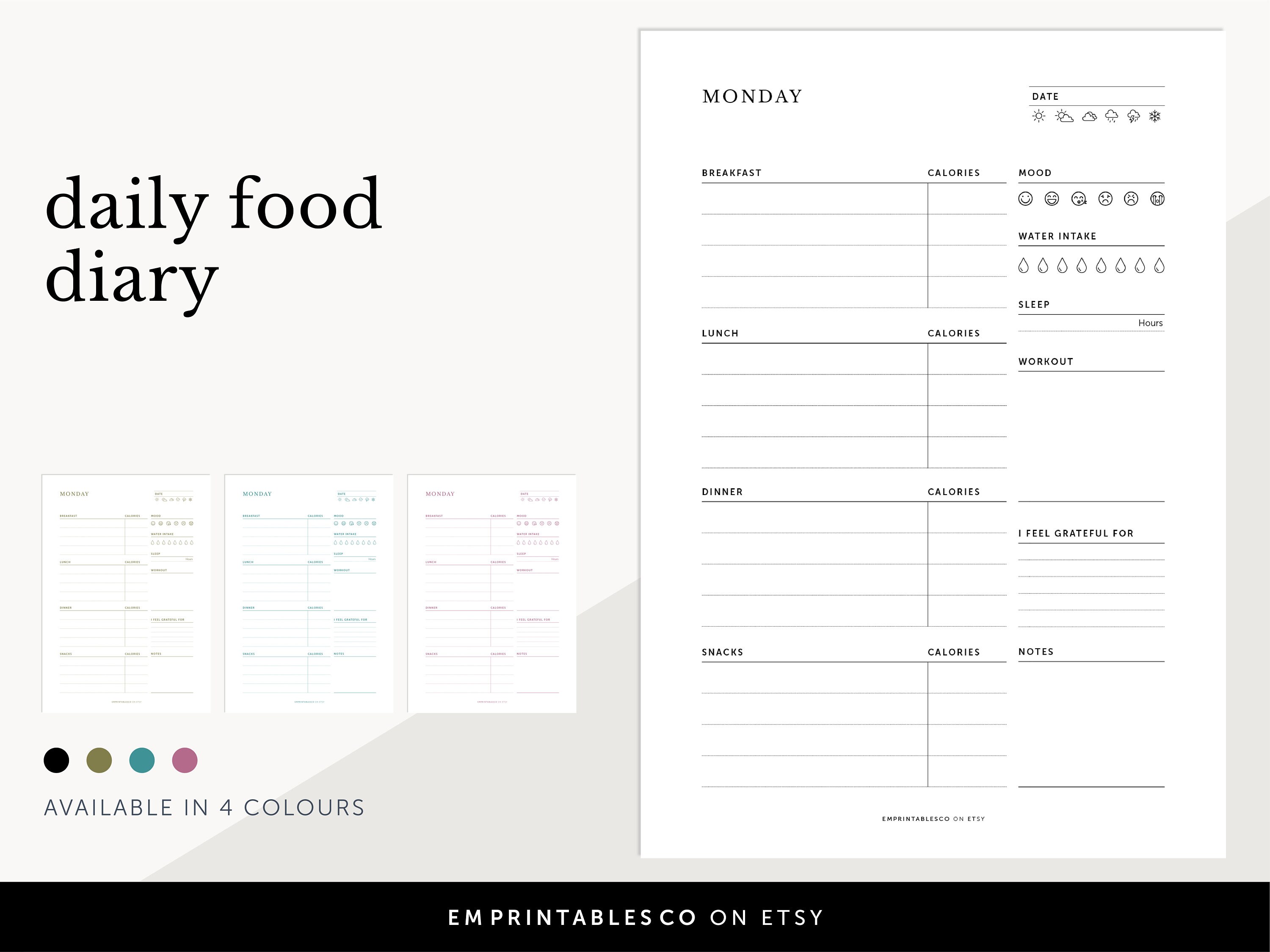 Daily Food Diary, Daily Meal Planner, Meal Prep Planner, Daily Food ...