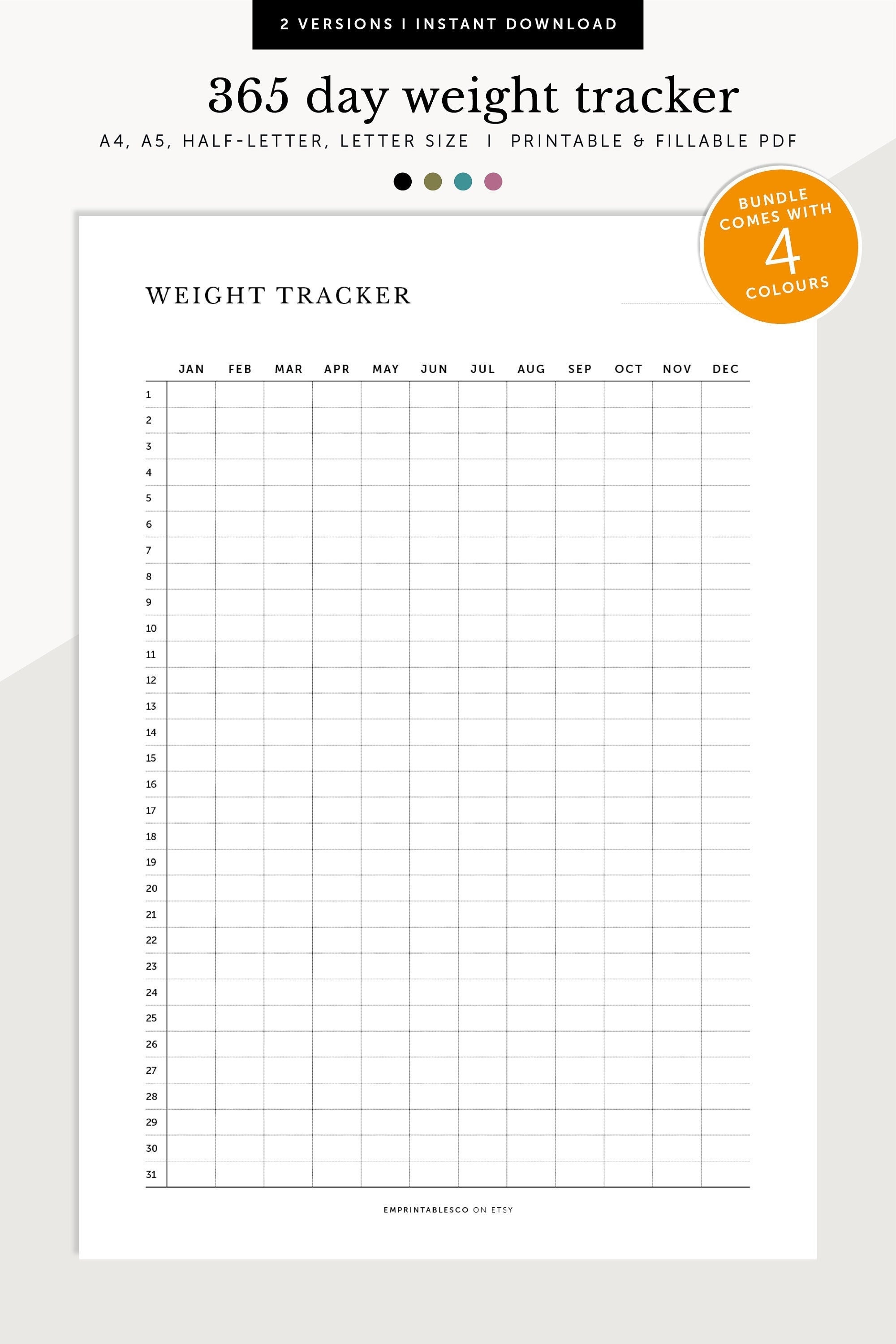 365 Day Weight Tracker, Weight Loss Tracker, Daily Weight Log, Wellness ...
