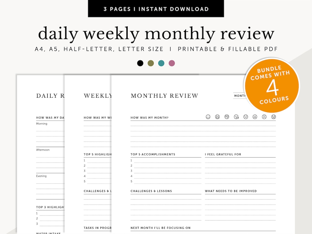 Daily Weekly Monthly Review, Weekly Review, Daily Reflections, Monthly ...