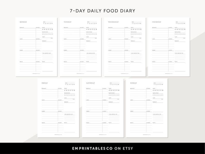 Daily Food Diary, Daily Meal Planner, Meal Prep Planner, Daily Food ...
