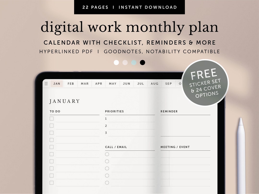 Digital Work Monthly Planner, Productivity Monthly Overview, Monthly ...