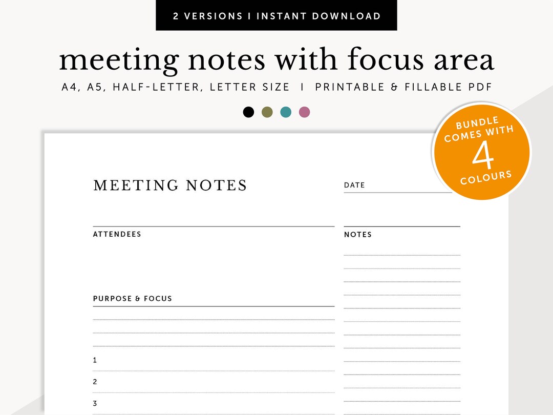 Meeting Notes Template With Focus Area, Meeting Agenda, Meeting Action ...