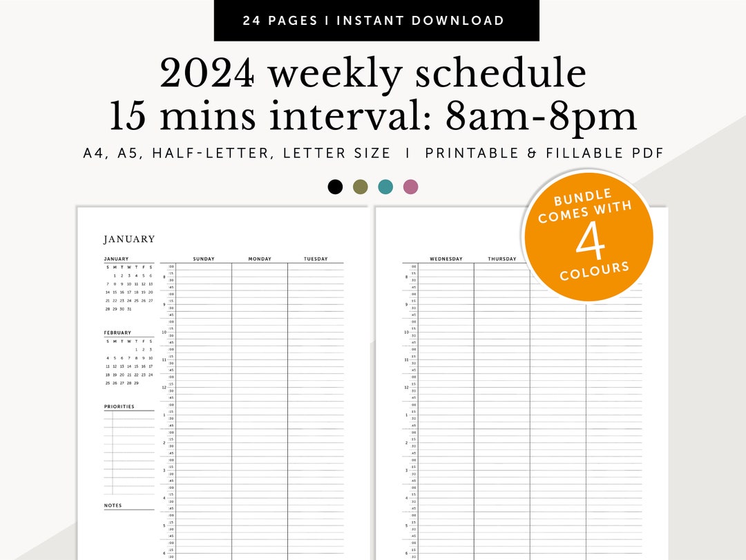 2024 Hourly Weekly Schedule With 15 Minutes Interval on 2 Pages, 8am ...