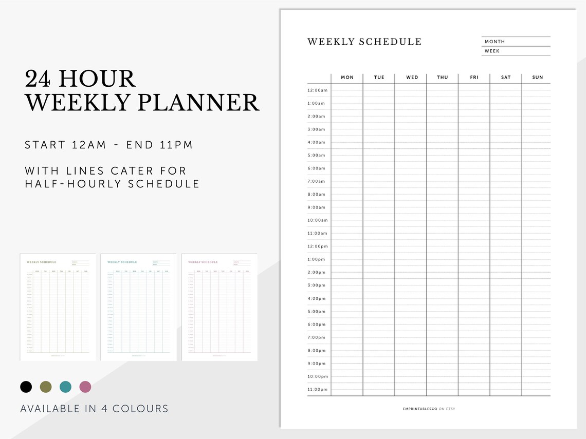 24 Hour Weekly Calendar, 24hrs Weekly Schedule, Weekly Desk Planner ...