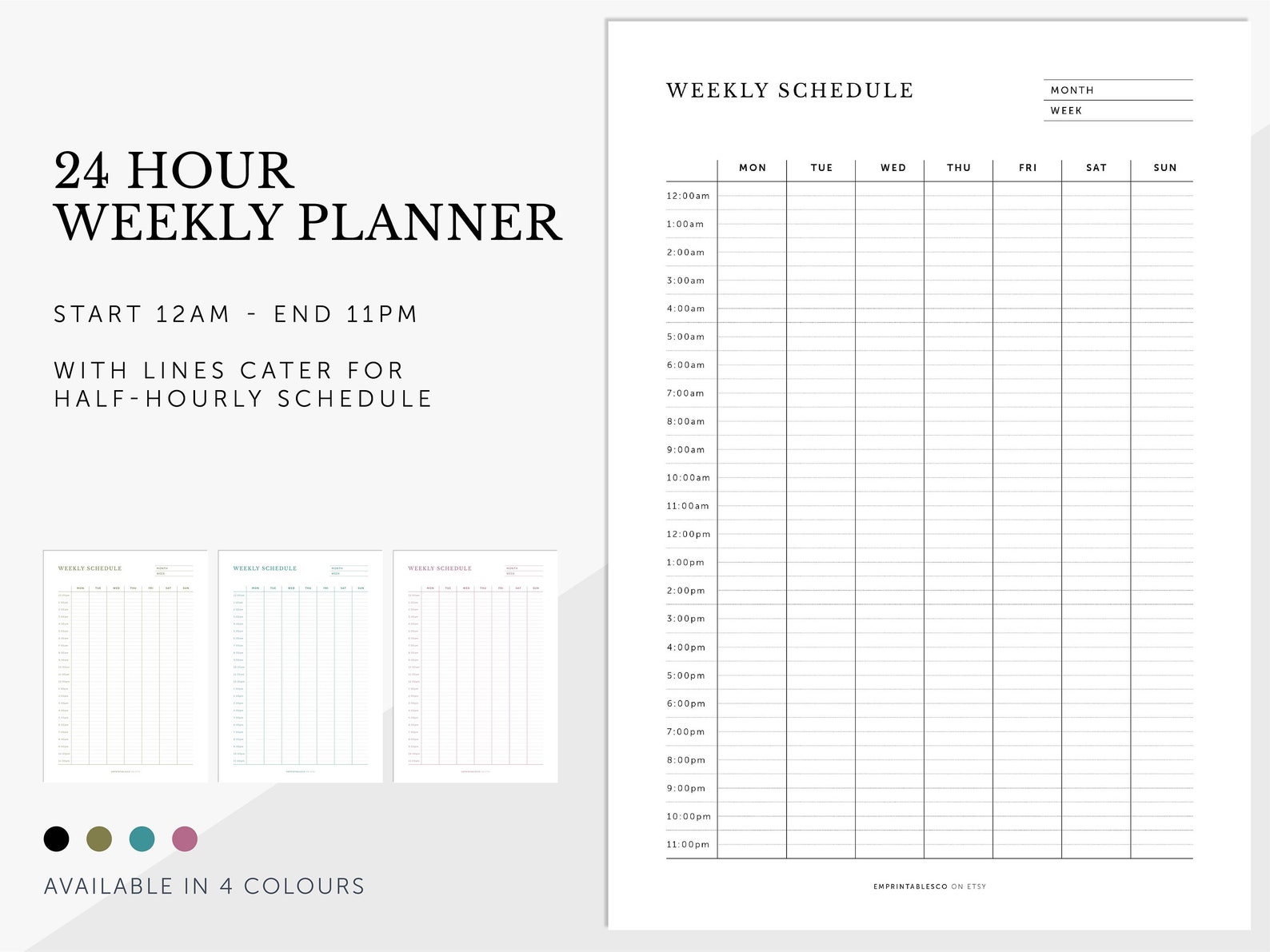 24 Hour Weekly Calendar, 24hrs Weekly Schedule, Weekly Desk Planner ...