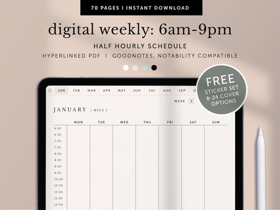 Digital Half Hourly Weekly Planner, 6am - 9pm, Weekly Schedule With 30 ...