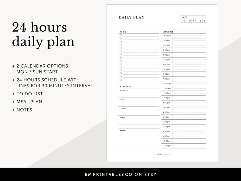 24 Hour Daily Planner With Meal Plan, 24hrs Daily Schedule, Daily ...