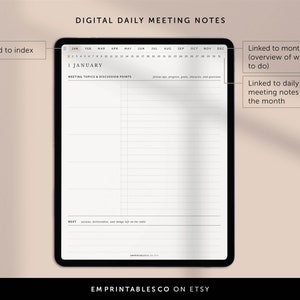 Digital Daily Meeting Notes Template, Digital Monthly Dashboard, Weekly ...