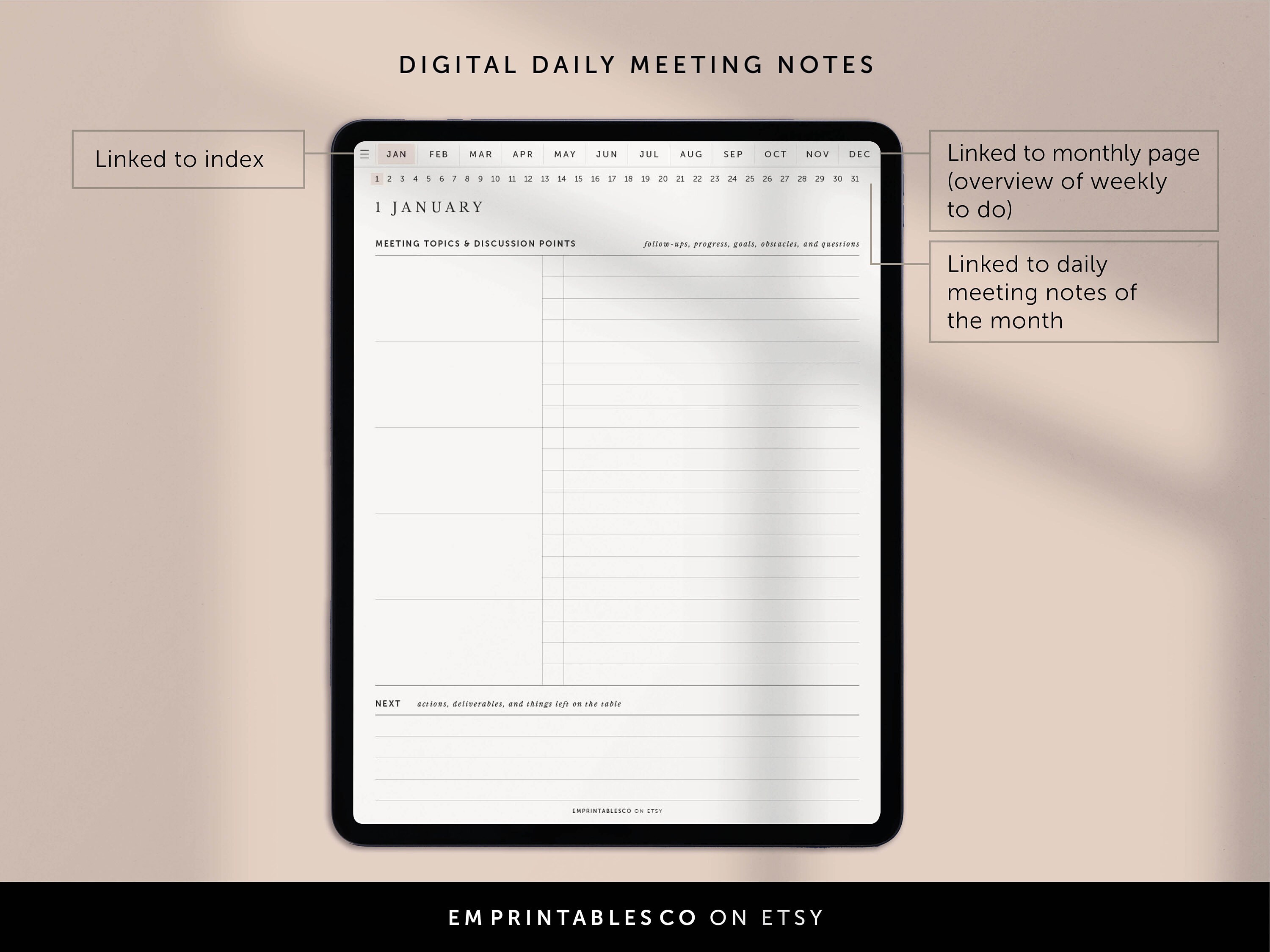 Digital Daily Meeting Notes Template, Digital Monthly Dashboard, Weekly ...