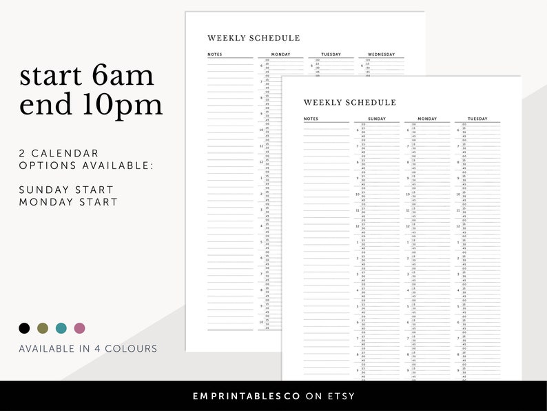 6am - 10pm Hourly Schedule With 15 Minutes Interval on 2 Pages ...