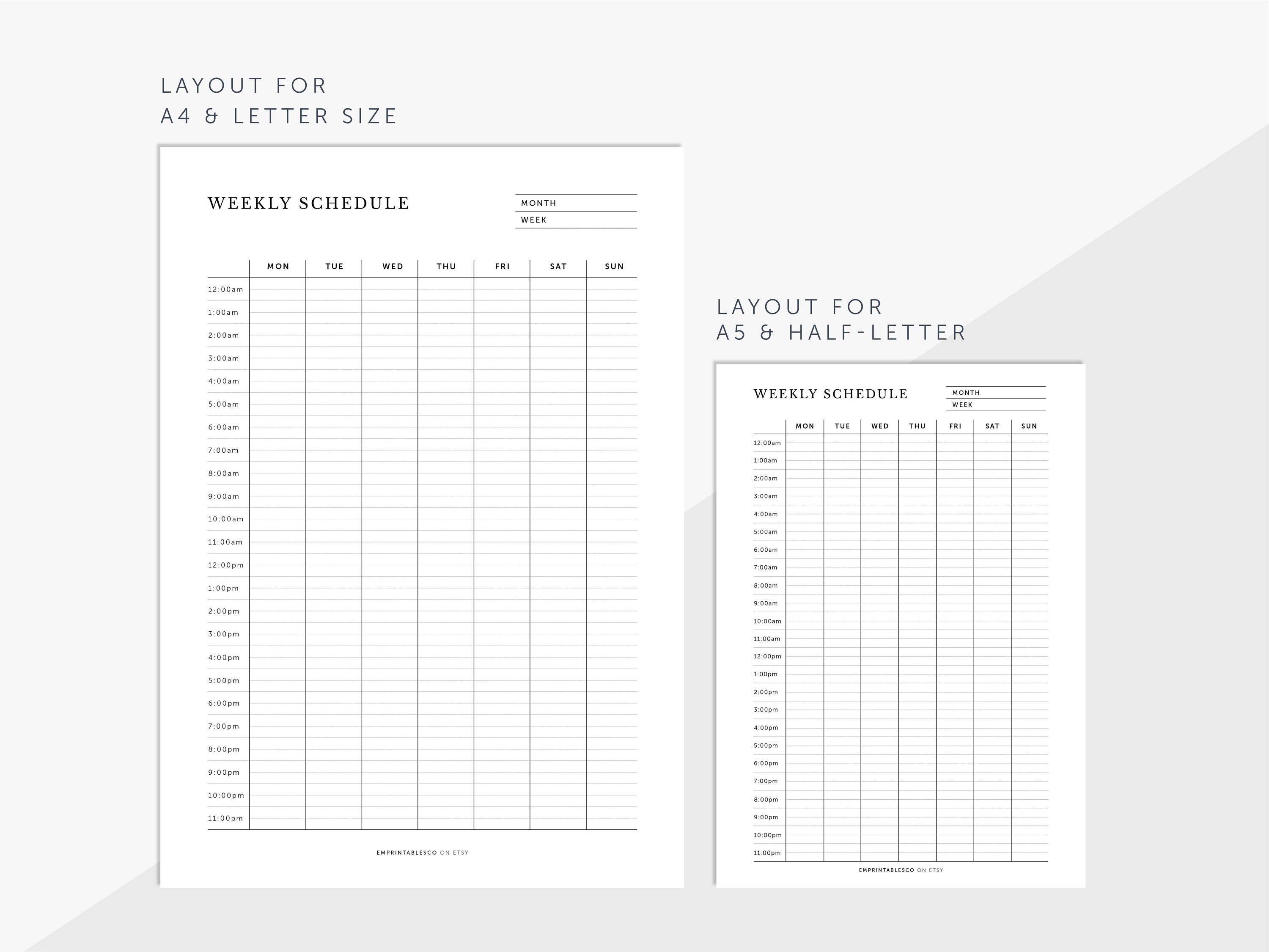 24 Hour Weekly Calendar, 24hrs Weekly Schedule, Weekly Desk Planner ...