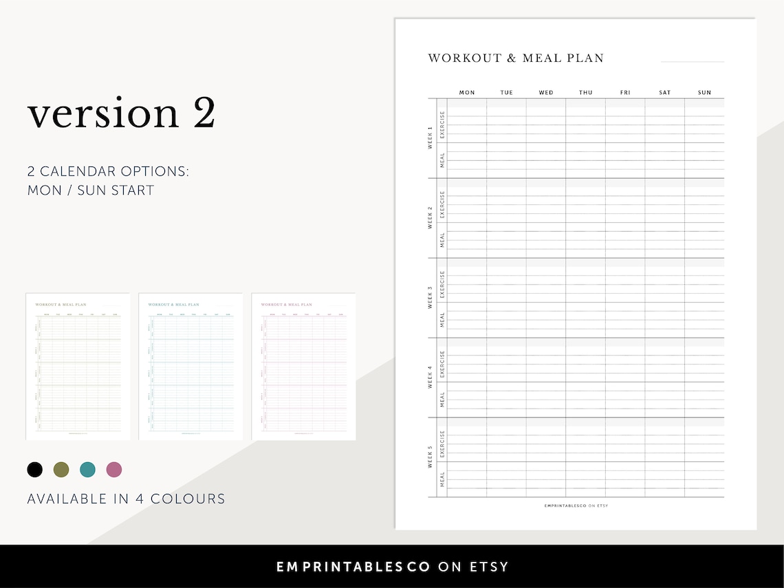 Monthly Workout and Meal Planner, Wellness Planner, Monthly Fitness and ...