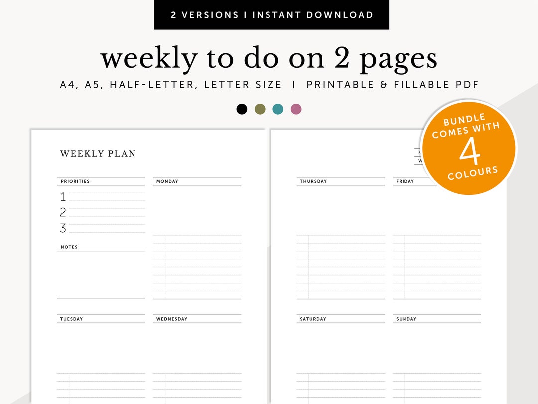 Weekly Notes and to Do List, Weekly Goal Action, Weekly Planner on 2 ...