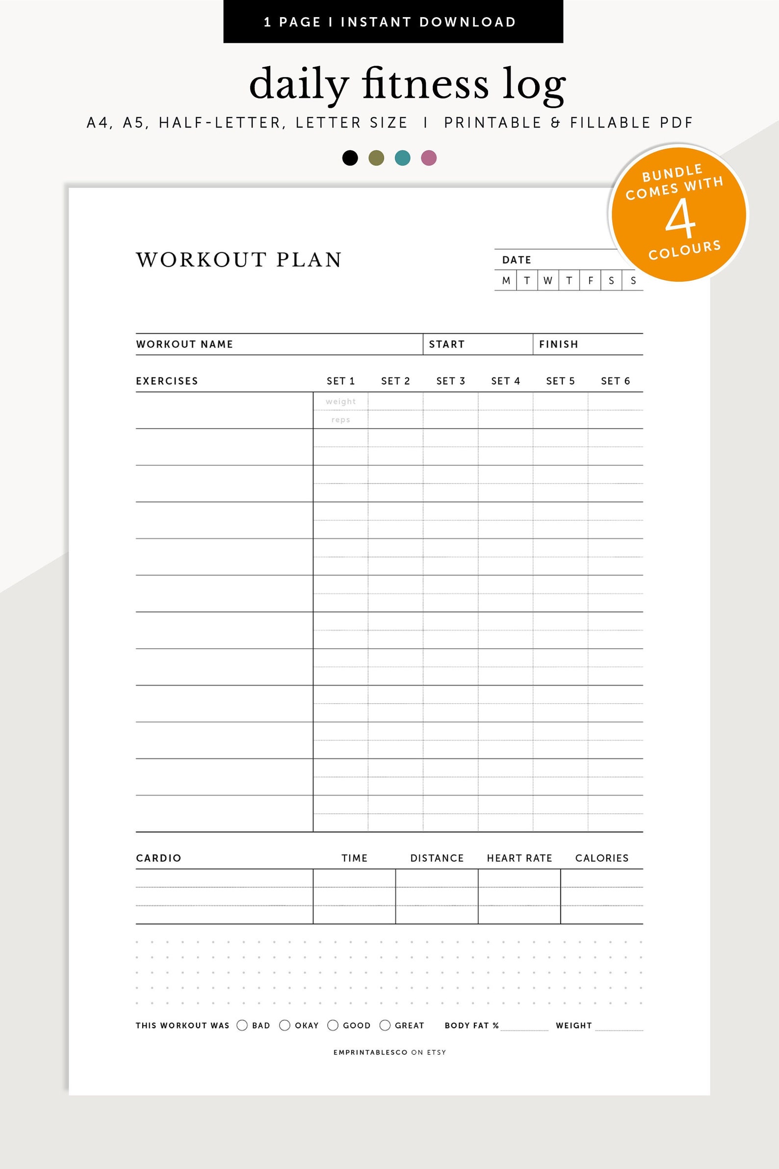 Daily Fitness Log, Workout Planner, Fitness Tracker, Exercise Log, Gym ...