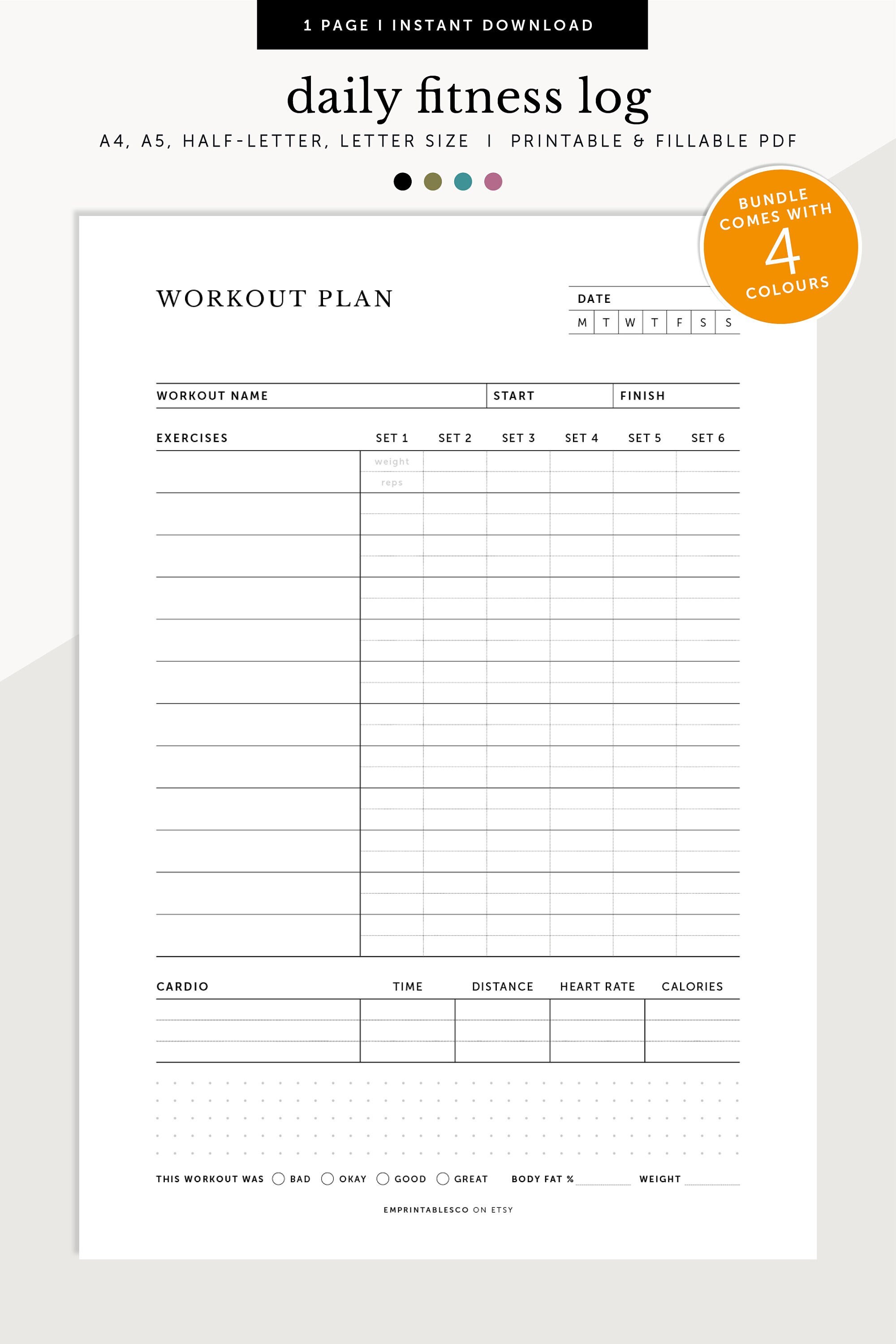 Daily Fitness Log, Workout Planner, Fitness Tracker, Exercise Log, Gym ...