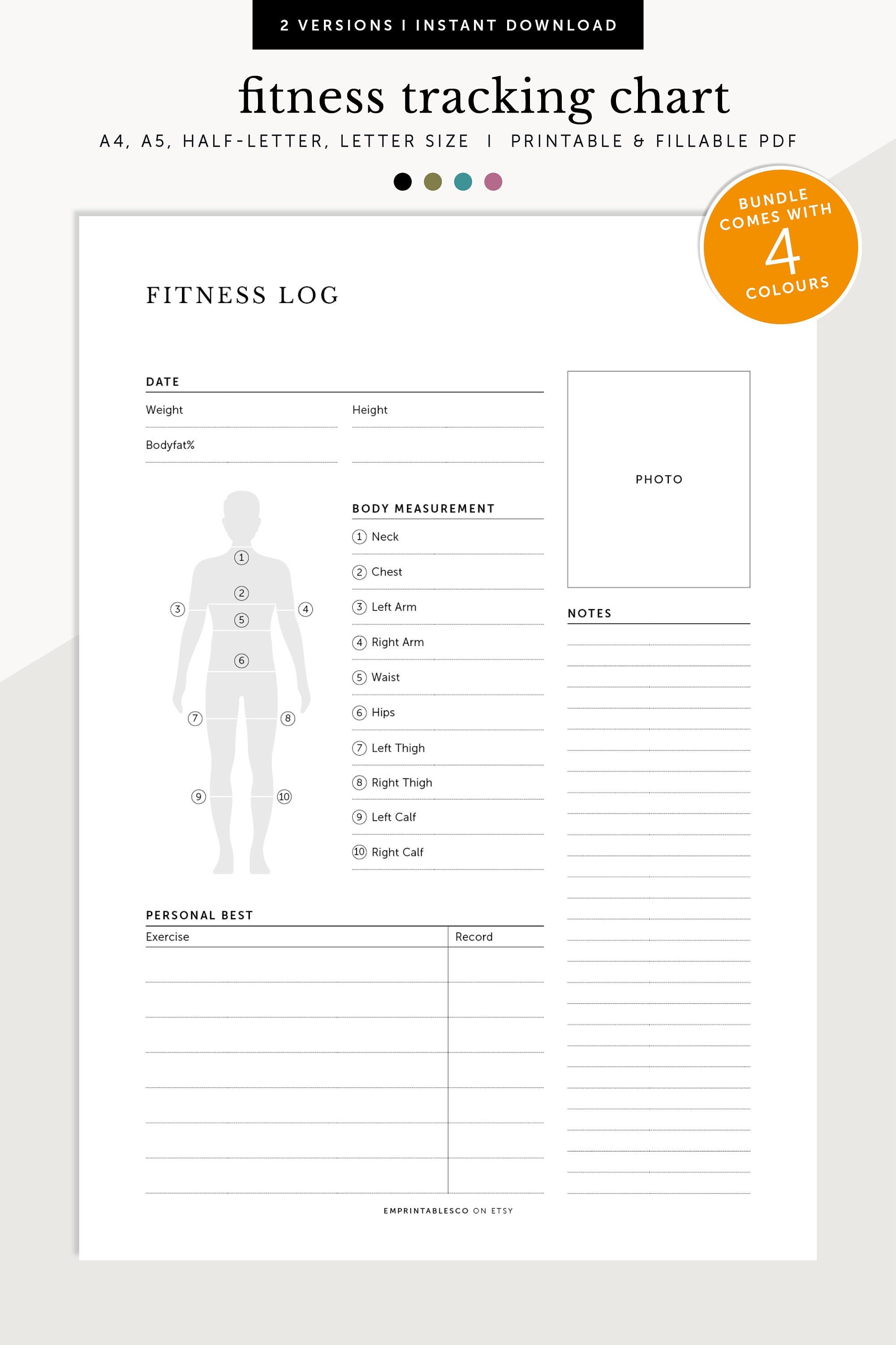 Fitness Tracking Chart, Body Measurement Tracker, Fitness Log, Workout ...