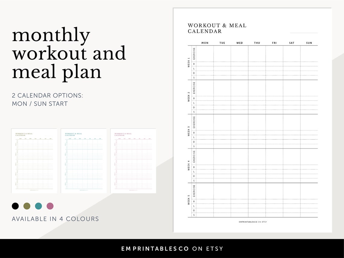 Monthly Workout and Meal Planner, Monthly Health Planner, Fitness and ...
