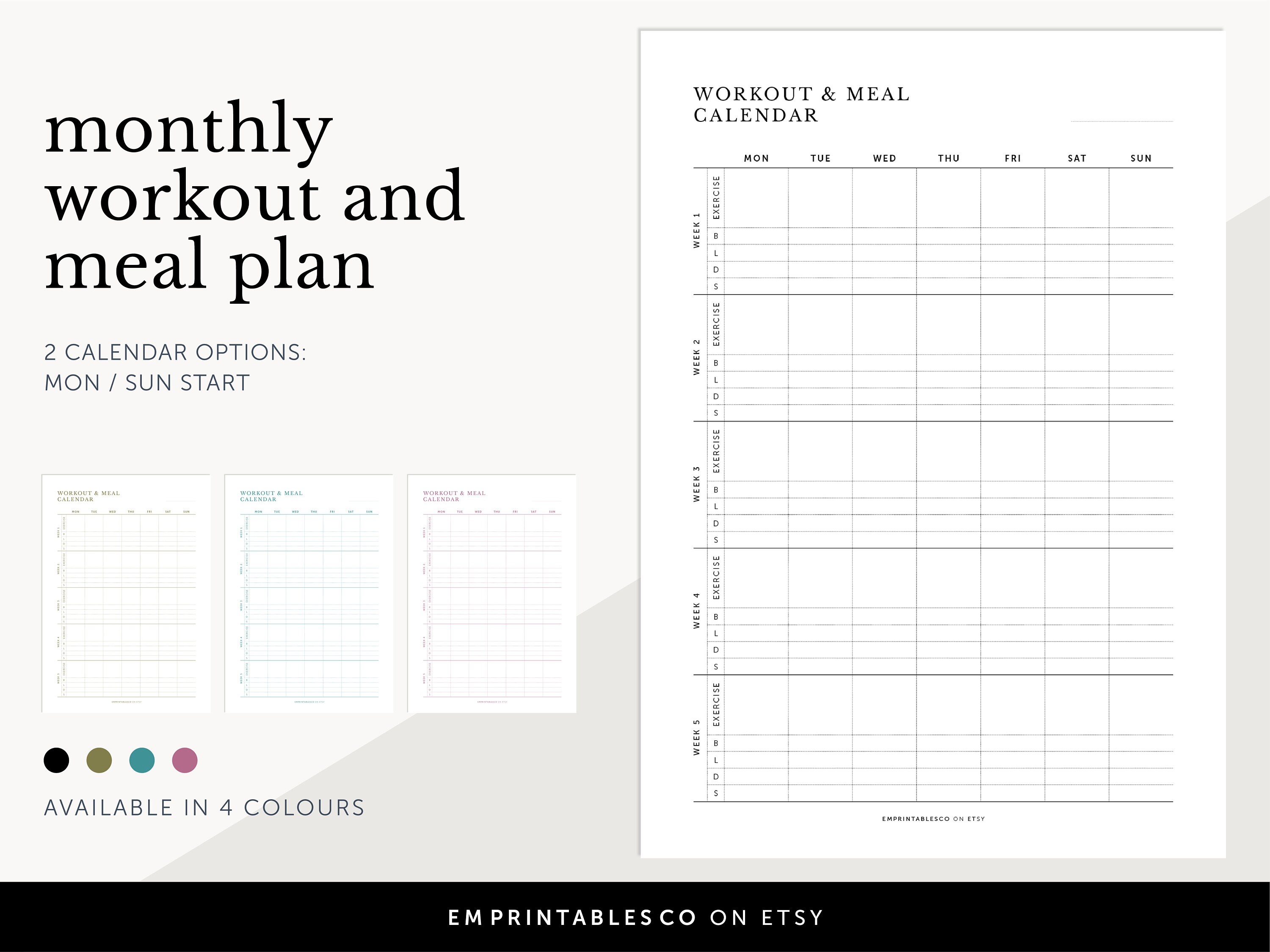 Monthly Workout and Meal Planner, Monthly Health Planner, Fitness and ...