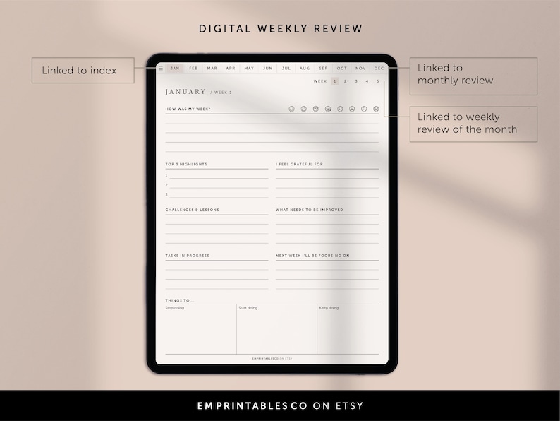 Digital Weekly Monthly Review, Digital Productivity Tracker, Goodnotes ...