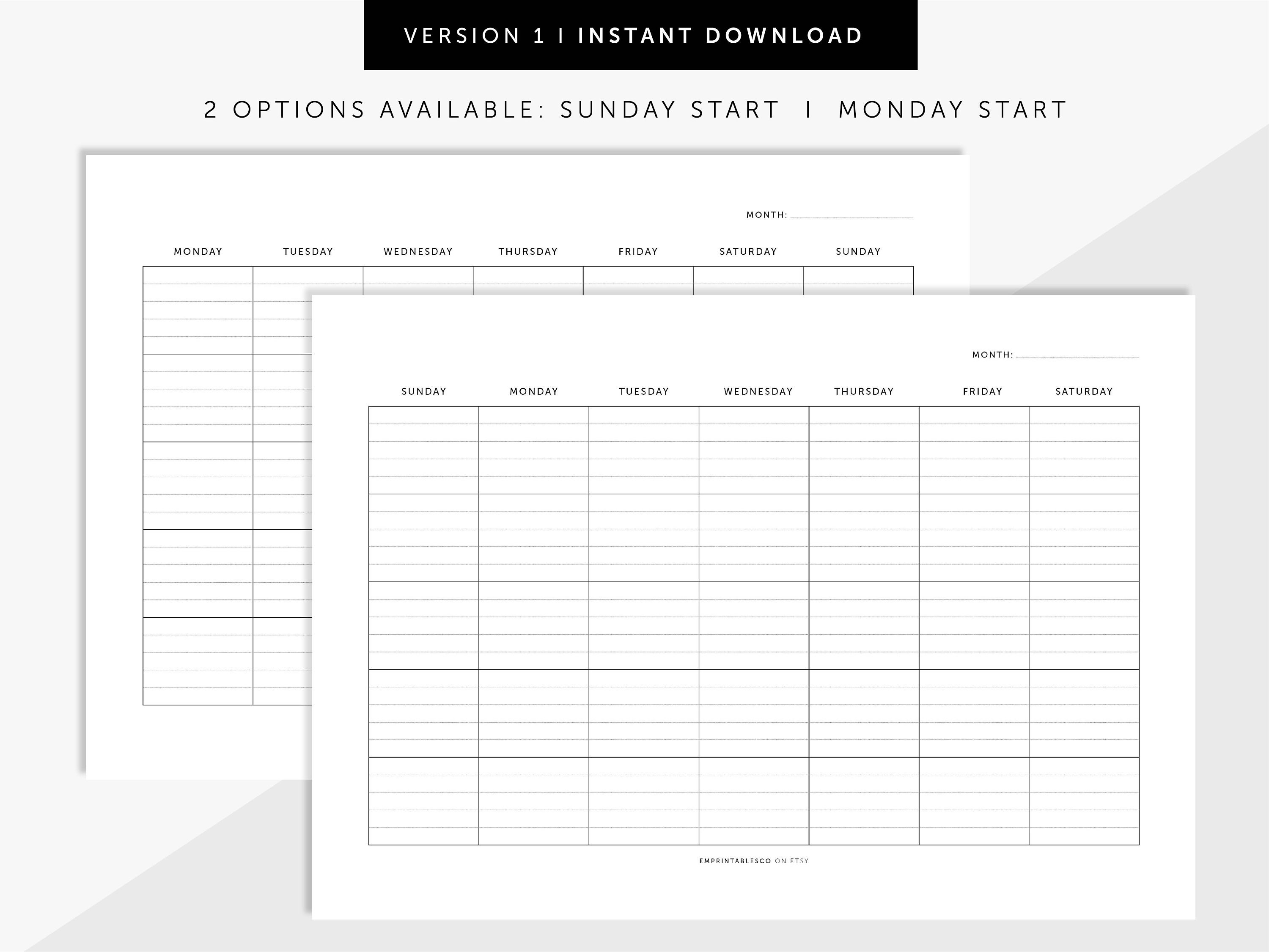 Lined Undated Monthly Calendar, Work & School Calendar, Fillable ...