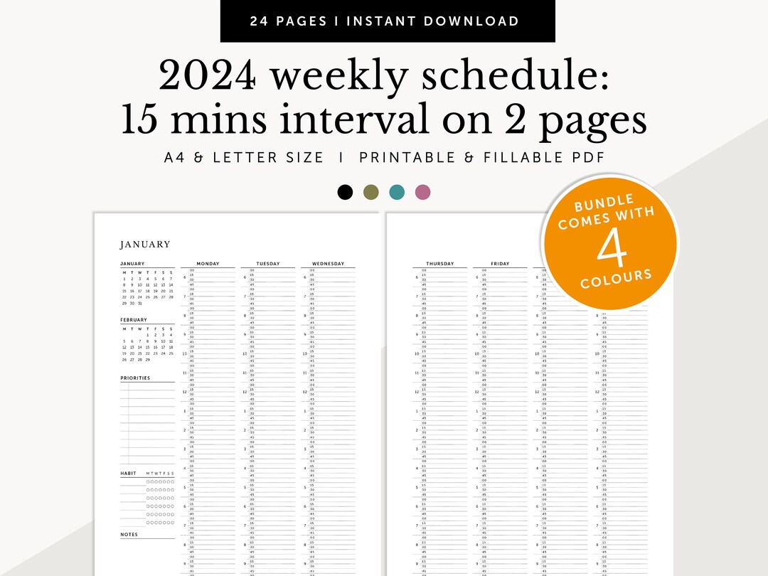 2024 Hourly Weekly Schedule With 15 Minutes Interval on 2 Pages ...