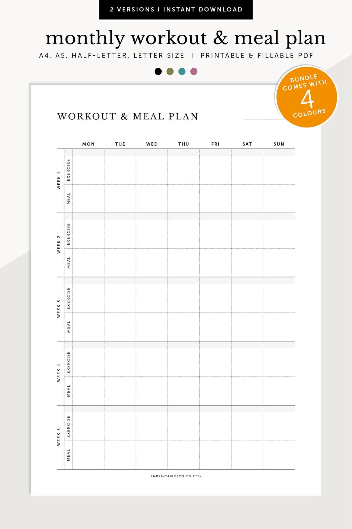 Monthly Workout and Meal Planner, Wellness Planner, Monthly Fitness and ...