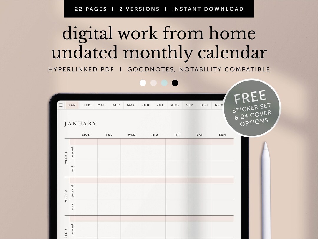 Digital Work From Home Monthly Planner, Undated Monthly Calendar ...