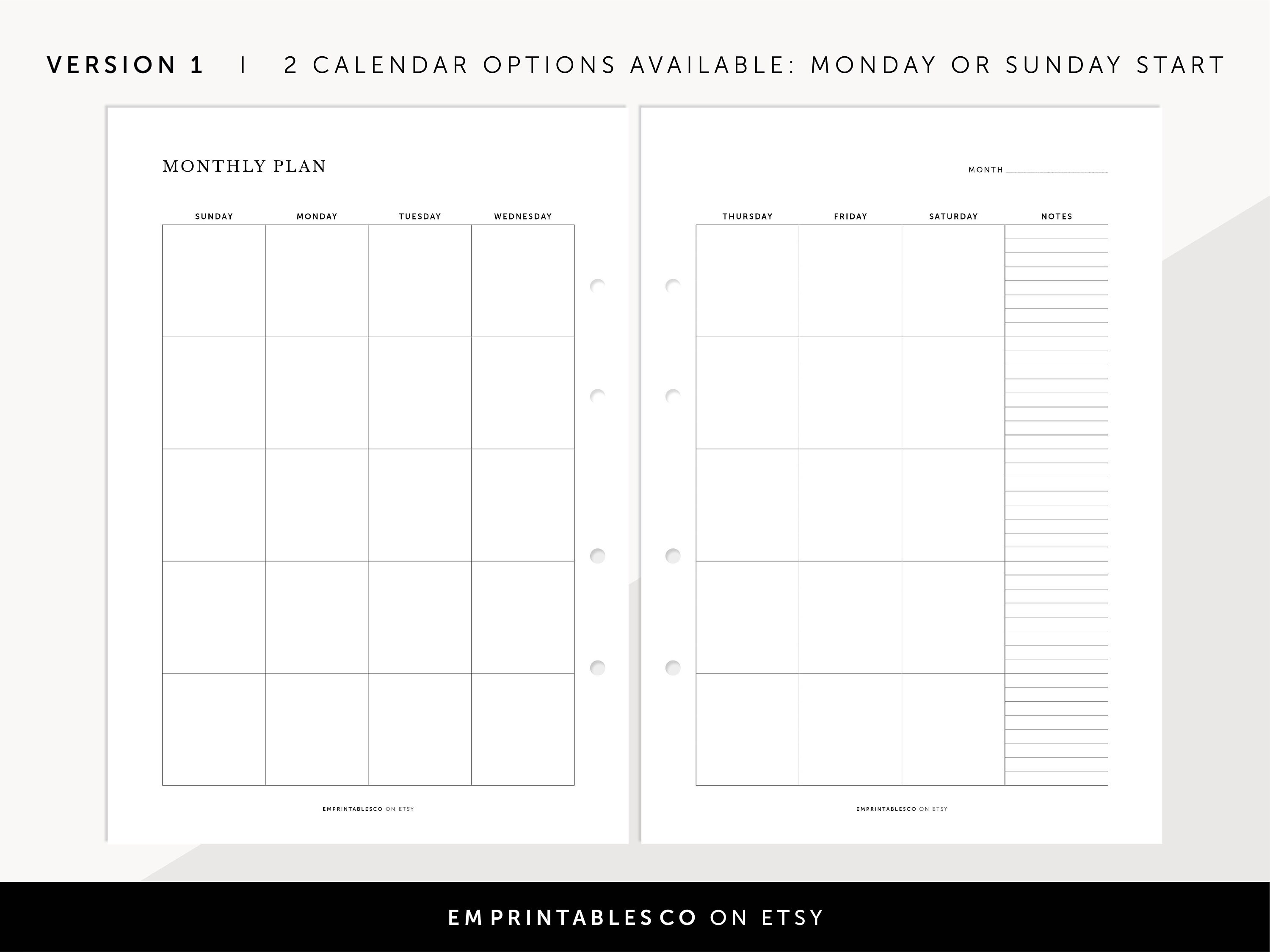 Undated Monthly Calendar on Two Pages, 2 Pages Monthly Planner ...