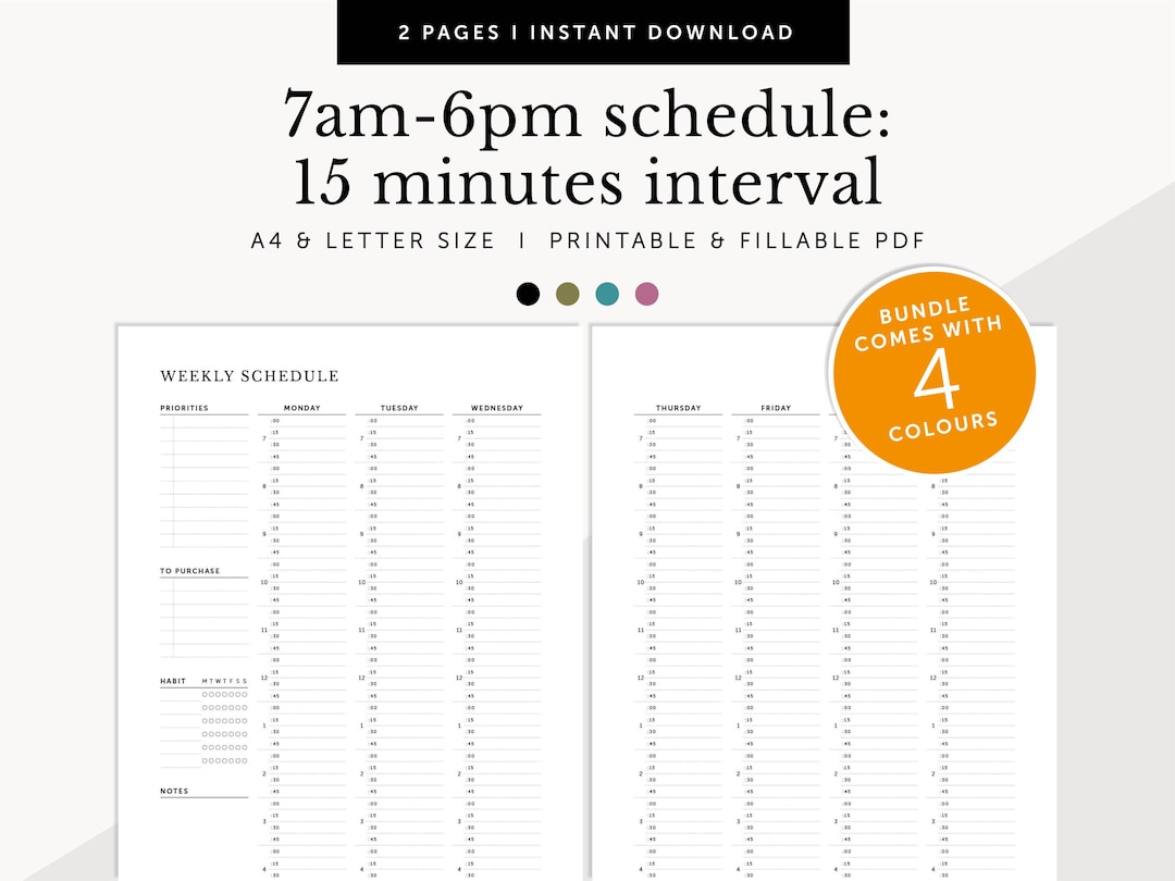 7am - 6pm Hourly Schedule With 15 Minutes Interval on 2 Pages ...