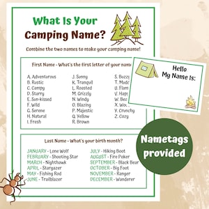 What is Your Camping Name Printable With Nametags | Camp Icebreaker ...
