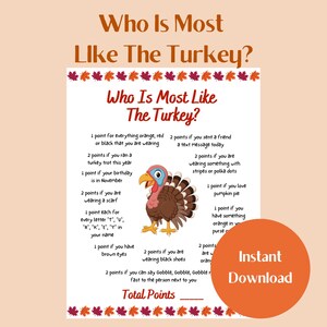 Who is Most Like the Turkey Game thanksgiving Game Printable ...