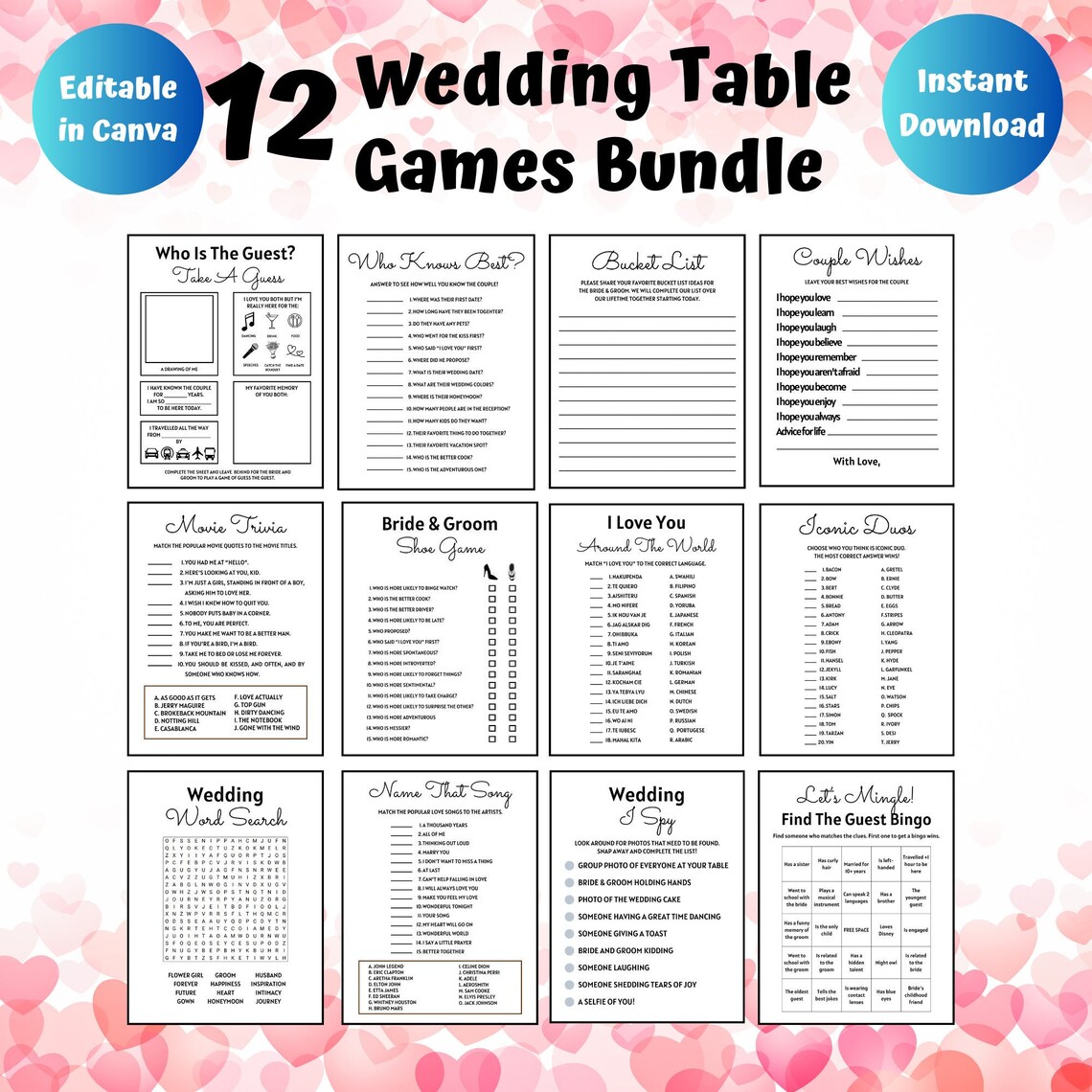 Editable Wedding Table Games Bundle Editable Wedding Rehearsal Games ...