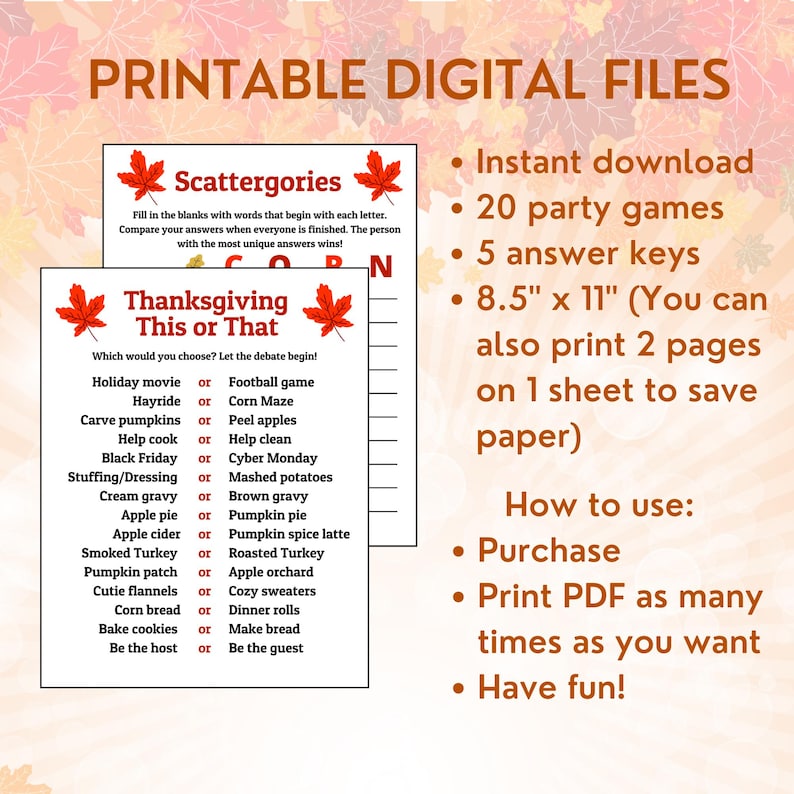 20 Thanksgiving Games Bundle | Thanksgiving Dinner Party Printable ...