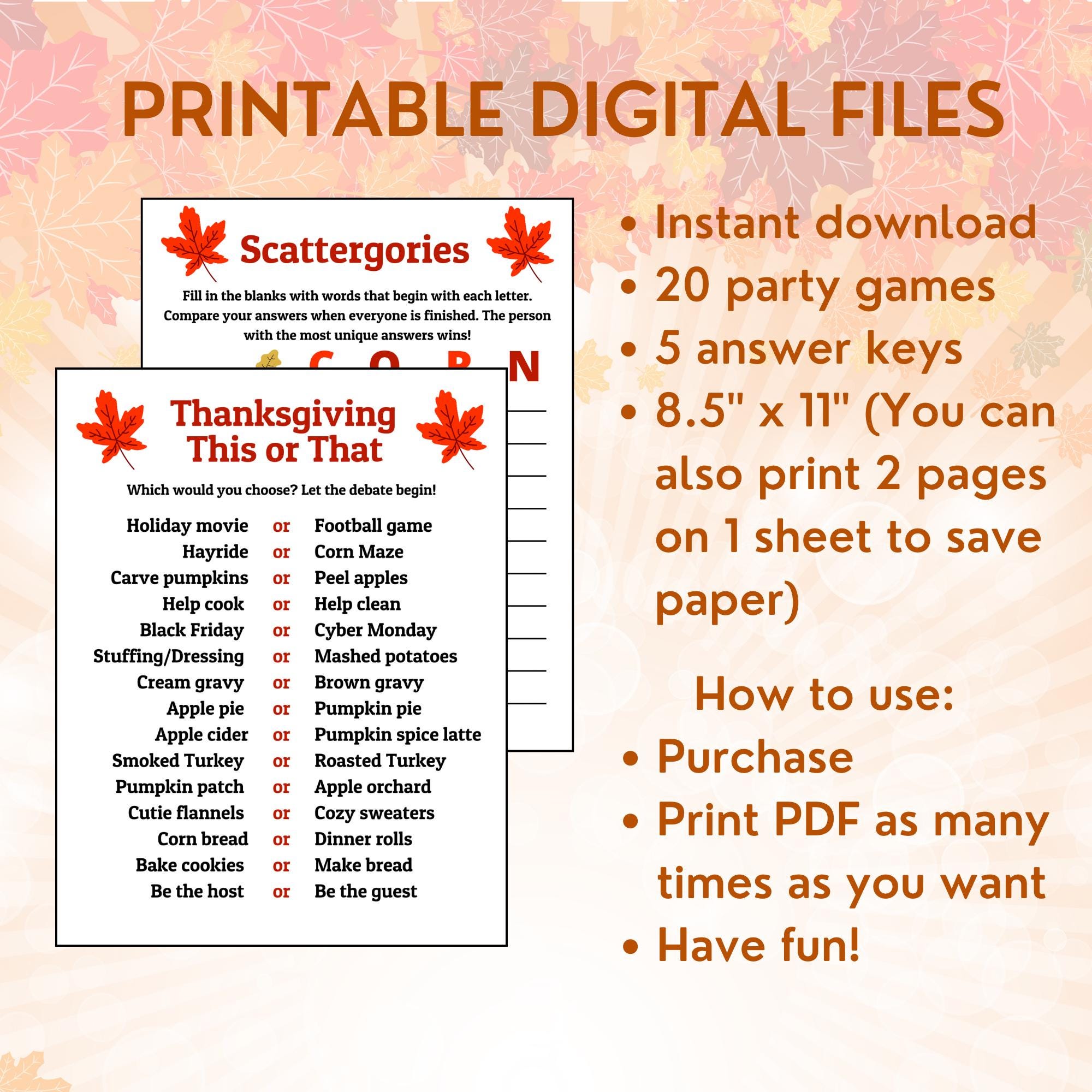 20 Thanksgiving Games Bundle | Thanksgiving Dinner Party Printable ...