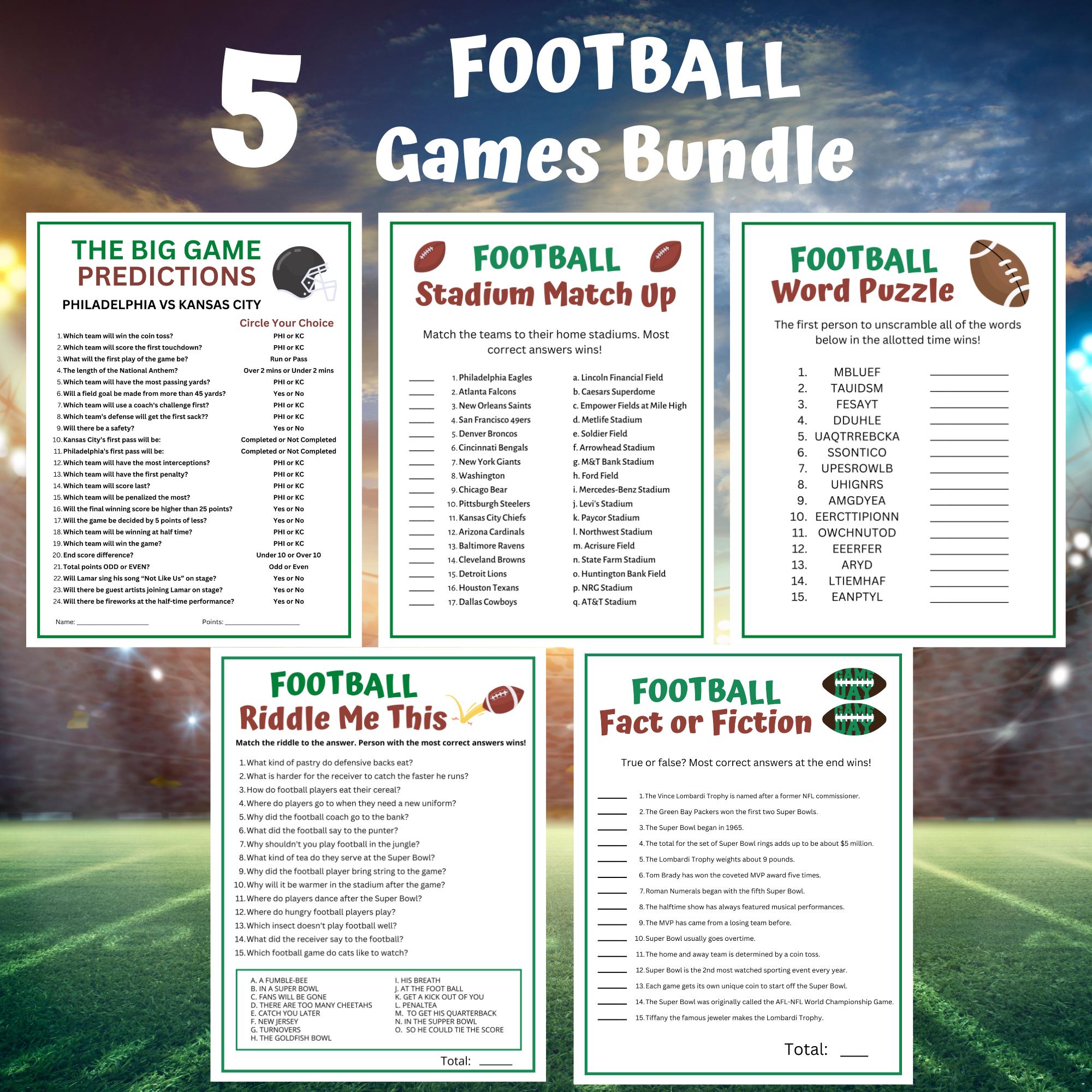 5 Football Party Game Set | Football Trivia | Sup3r Bowl Printable ...