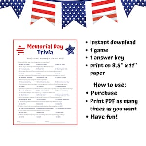 Memorial Day Trivia Game | Printable Memorial Day Party Game ...