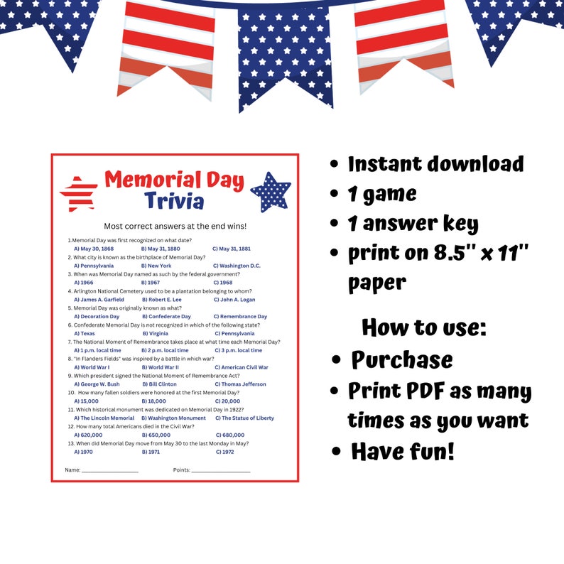 Memorial Day Trivia Game | Printable Memorial Day Party Game ...