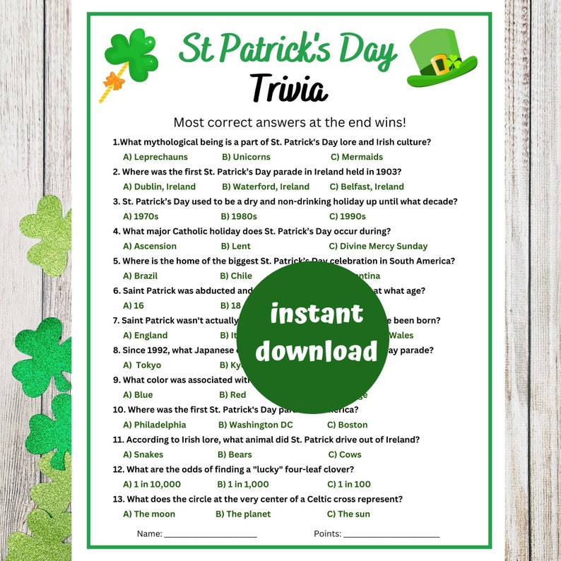 St Patrick's Day Trivia Printable Game | St Paddy's Day Office ...