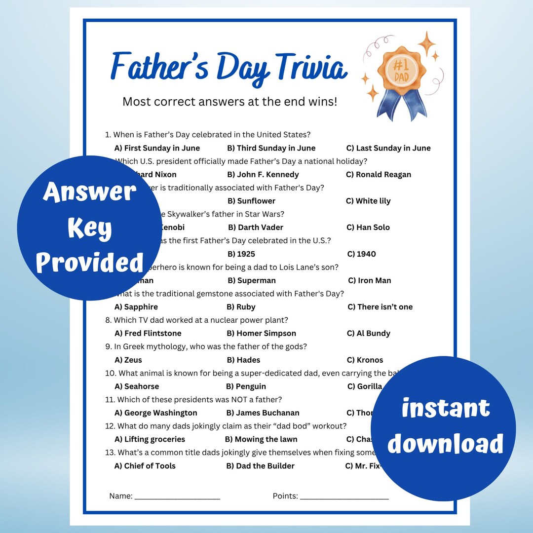 Fathers Day Trivia Game | Printable Father's Day Party Game | Father's ...