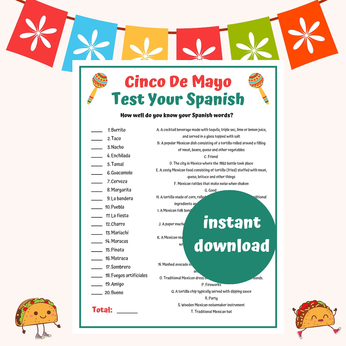 Test Your Spanish Printable | Cinco De Mayo Party Game | Fiesta ...