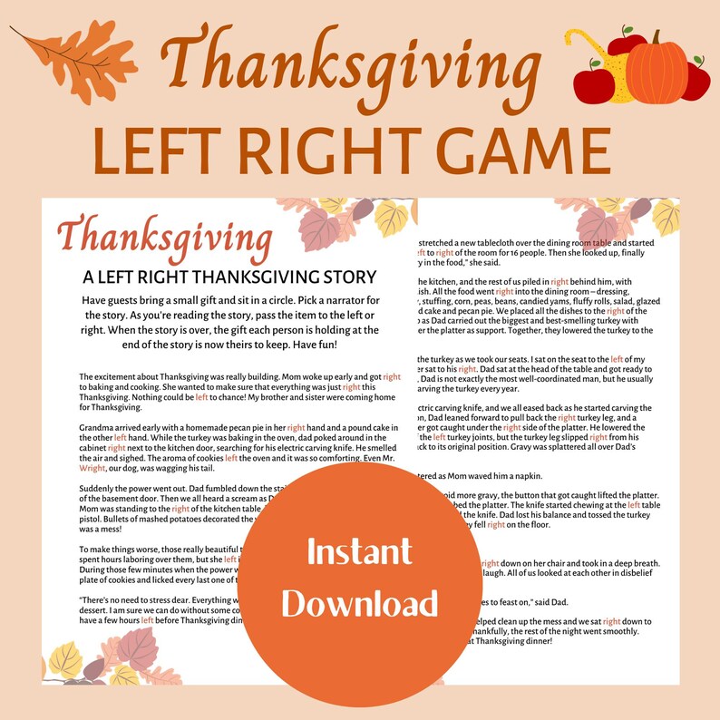 Thanksgiving Left Right Game, Right Left, Thanksgiving Dinner, Gift ...