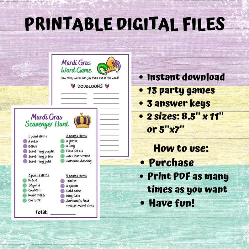Mardi Gras Games Bundle | Printable Mardi Gras Party Game | Mardi Gras ...