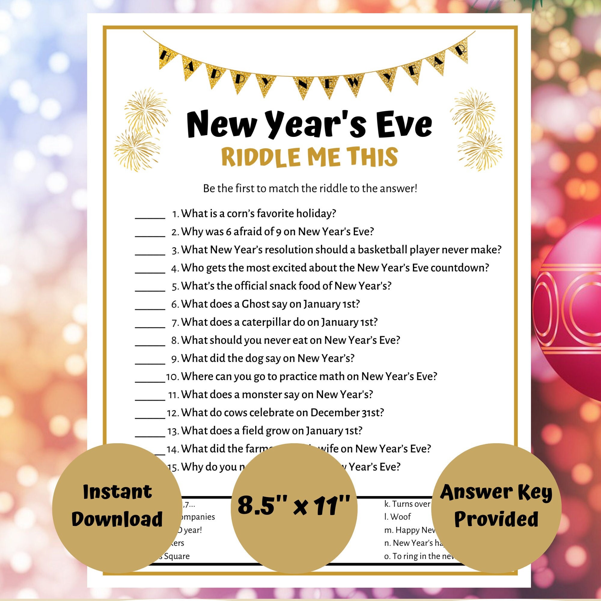 New Years Eve Riddle Me This Game | New Years Eve Printable Party Games ...