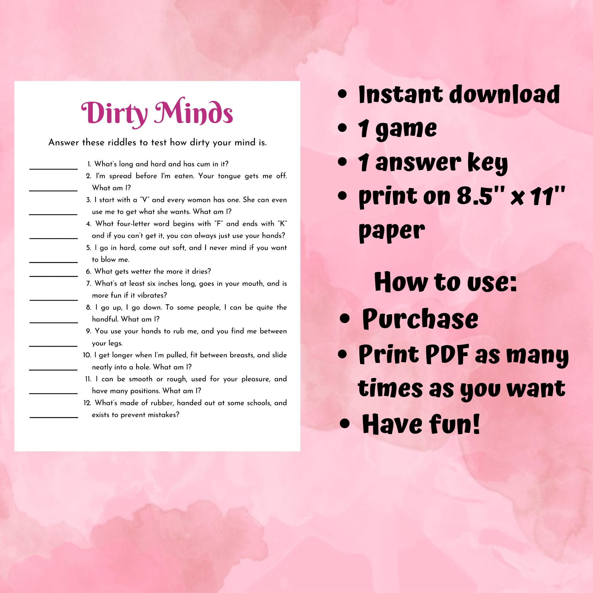 Dirty Minds Game | Modern Minimal | Dirty Riddles Bachelorette Party ...