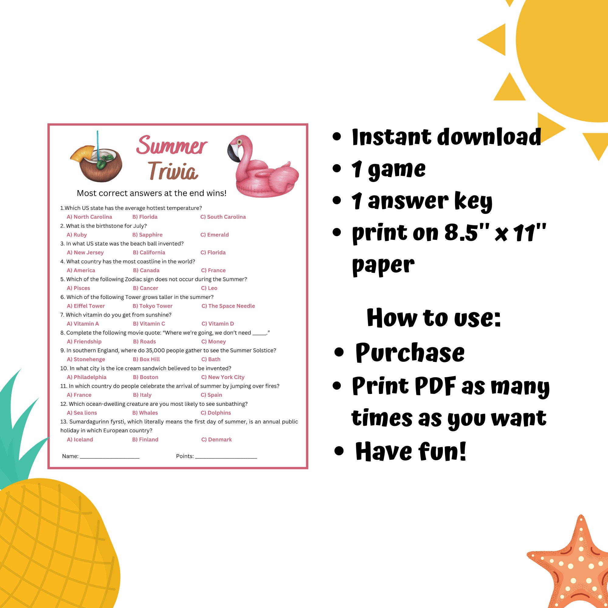 Summer Trivia Game | Summer Gathering Printable | Summer Family Reunion ...