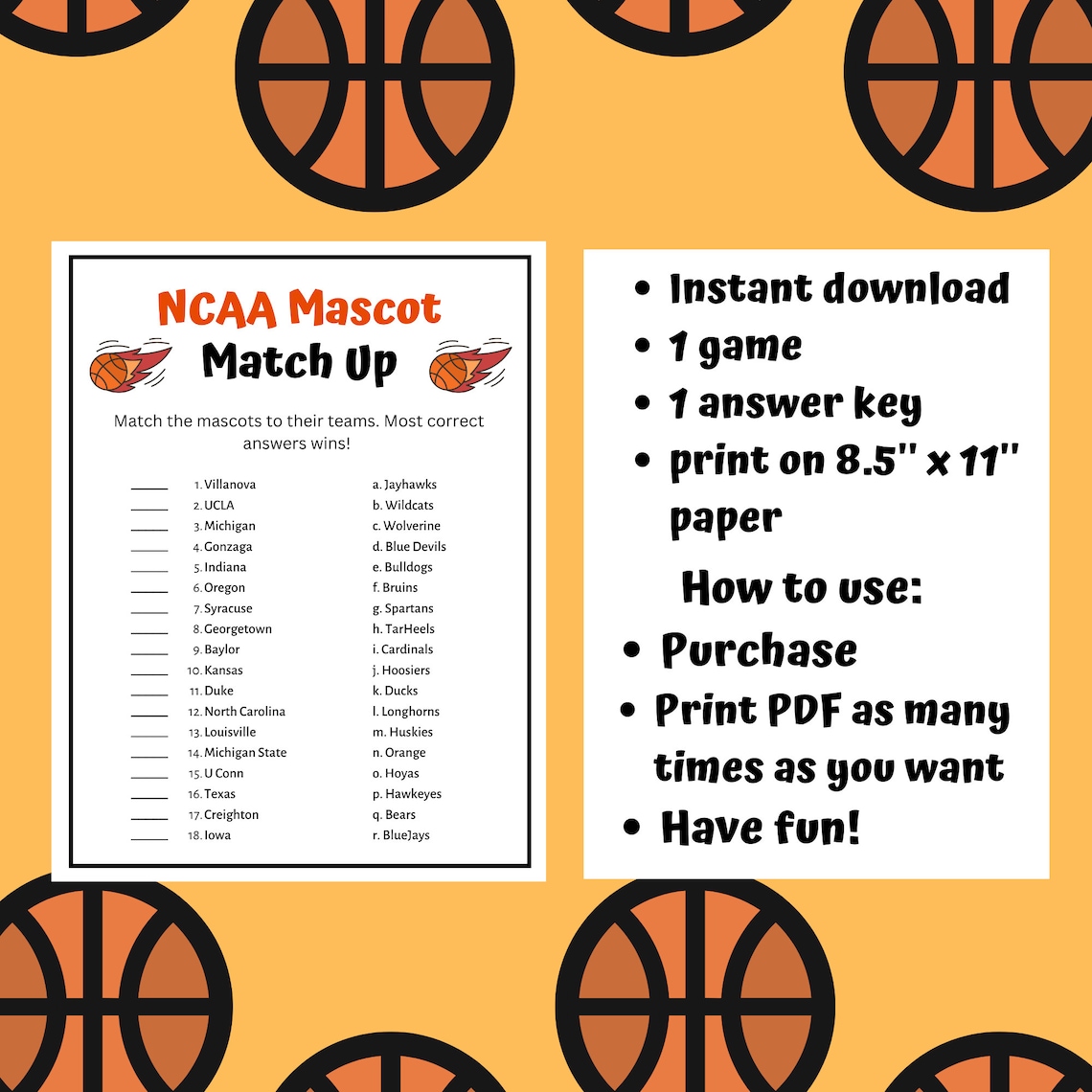 March Madness NCAA Mascot Match up | Printable March Madness Game ...