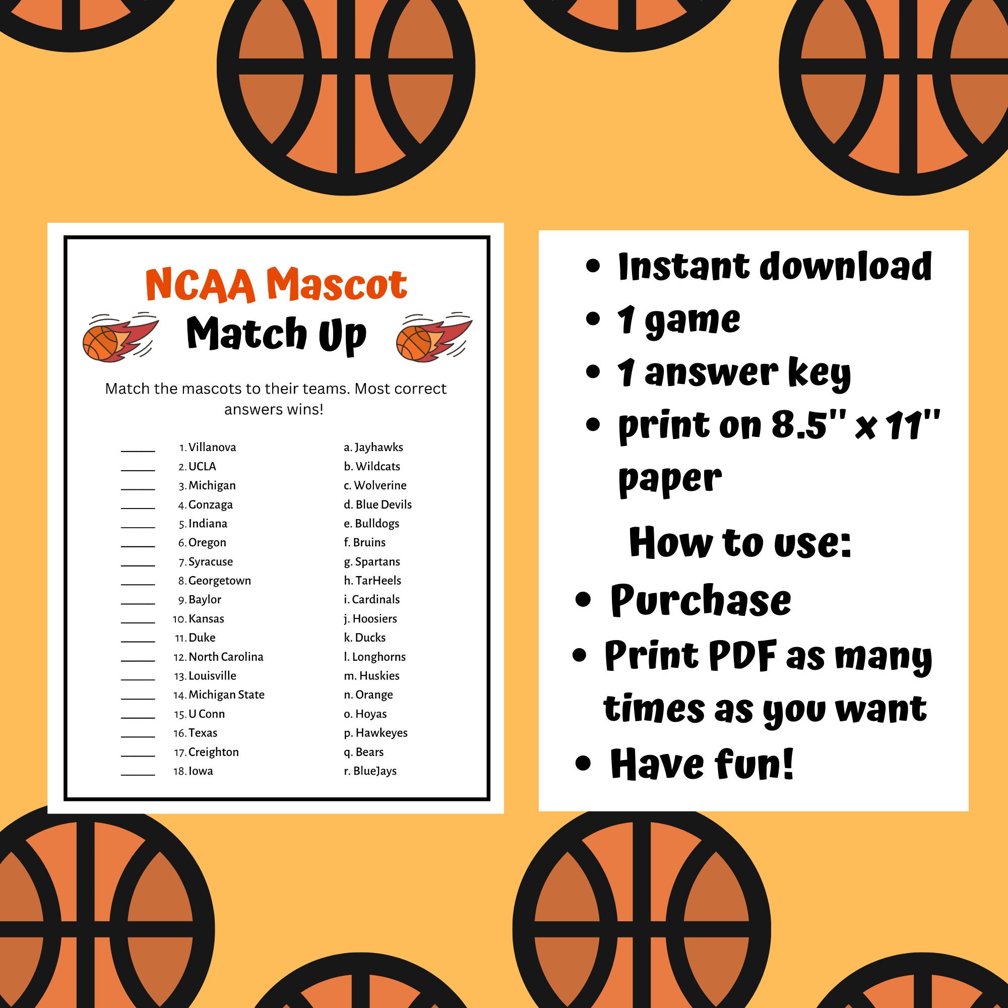 March Madness NCAA Mascot Match up | Printable March Madness Game ...