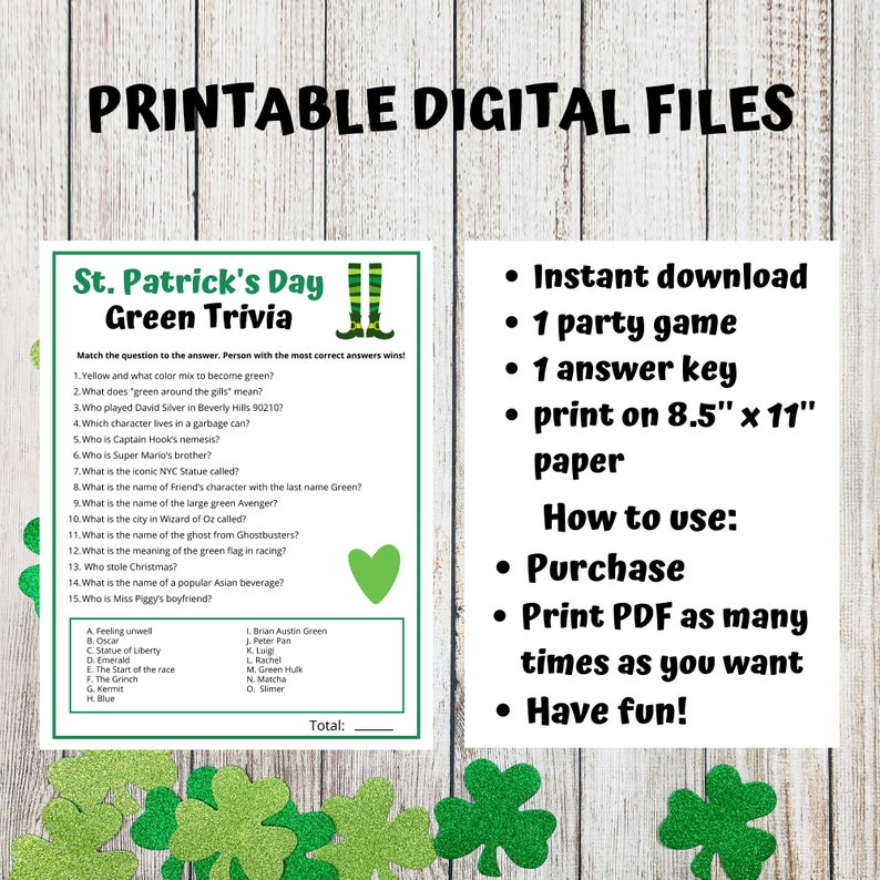 St Patrick's Day Green Trivia Printable Game | St Paddy's Day Office ...