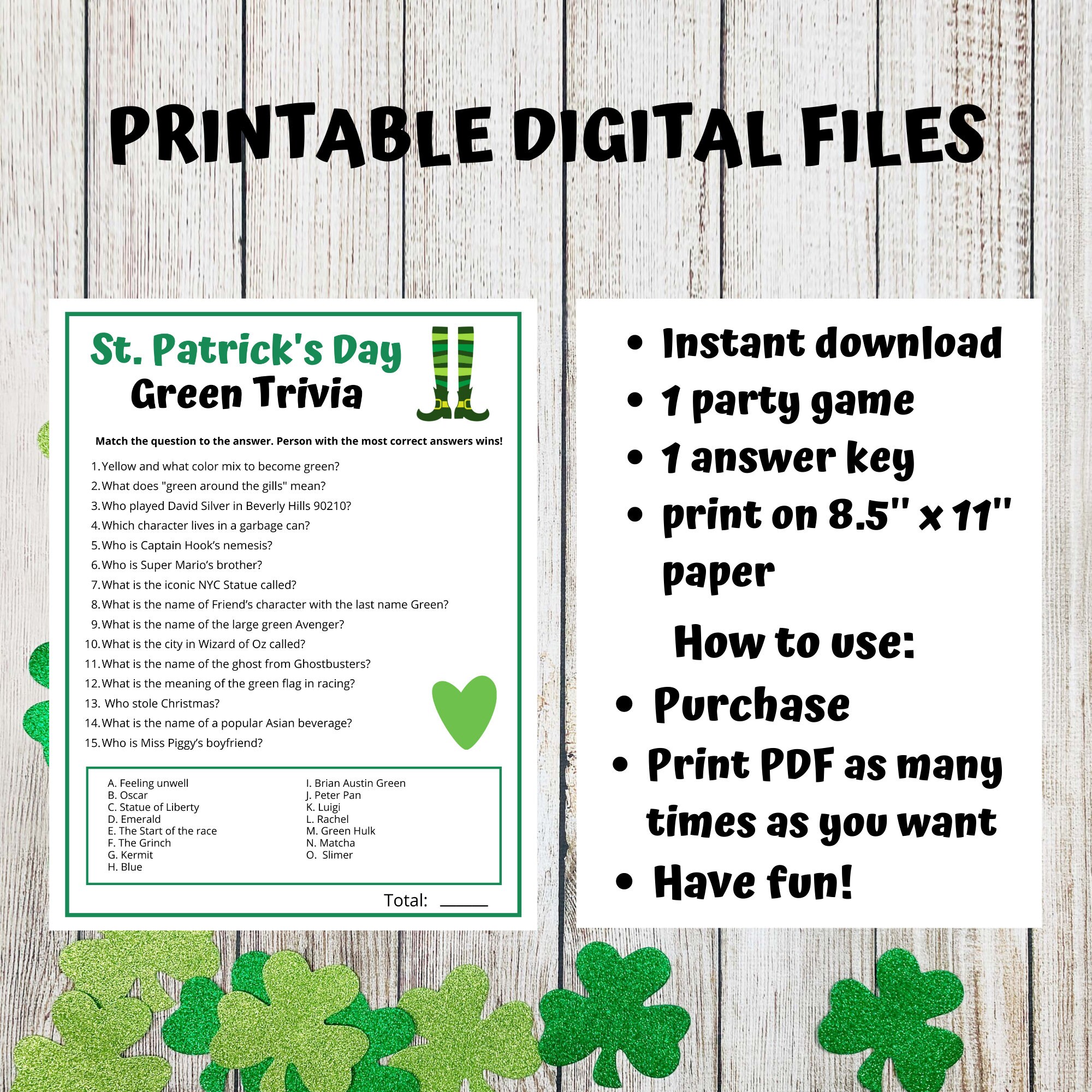 St Patrick's Day Green Trivia Printable Game | St Paddy's Day Office ...